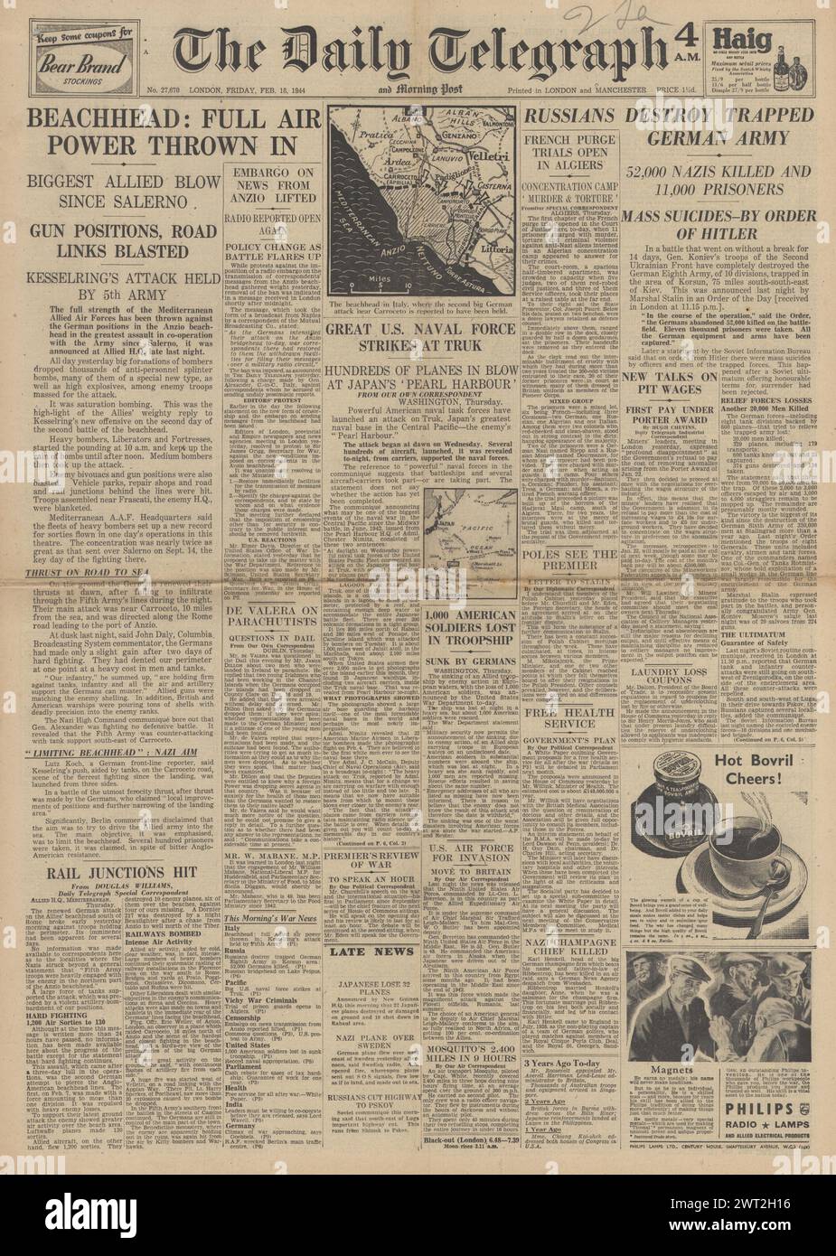 1944 The Daily Telegraph front page reporting US forces attack Truk ...