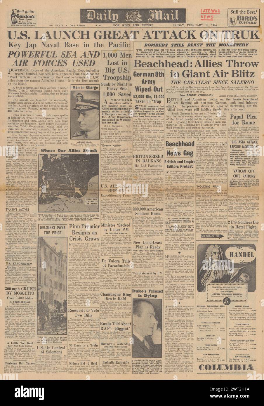 1944 Daily Mail front page reporting US forces attack Truk, battle for ...