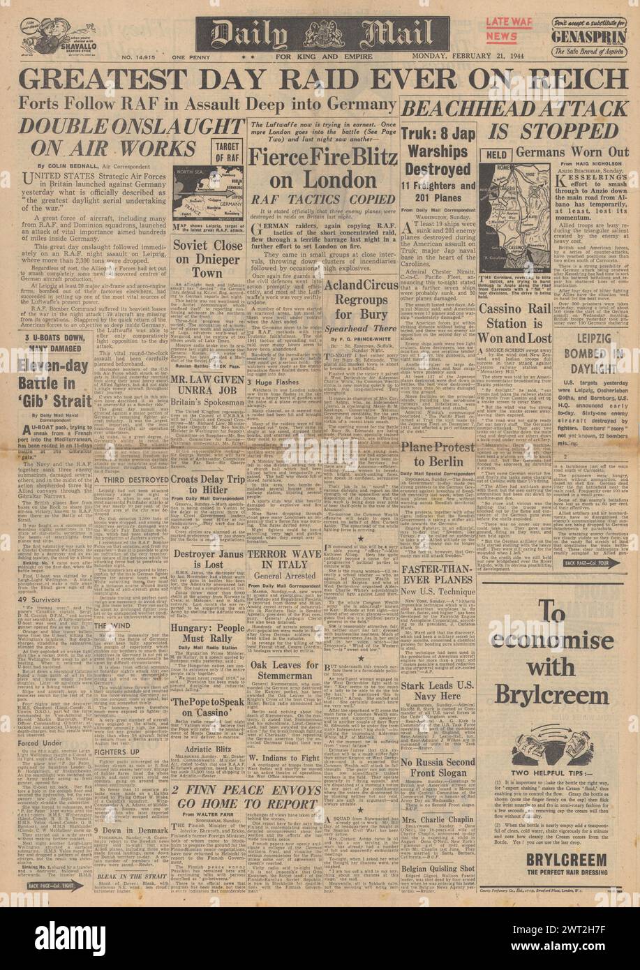 1944 Daily Mail front page reporting Bombing of Leipzig, battle for ...