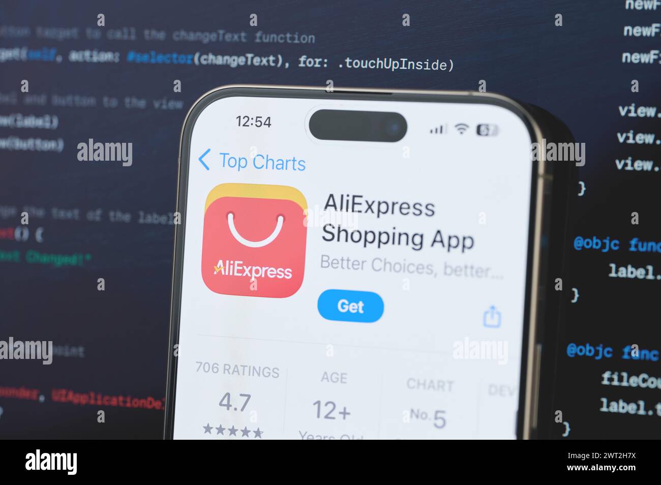 New York, USA - February 23, 2024: AliExpress on iphone screen in ...