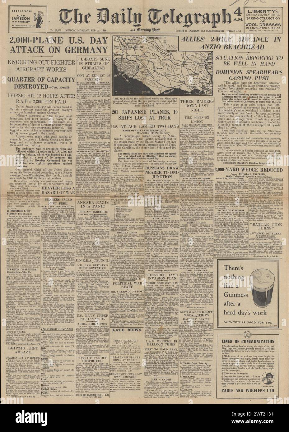 1944 The Daily Telegraph front page reporting Bombing of Leipzig ...