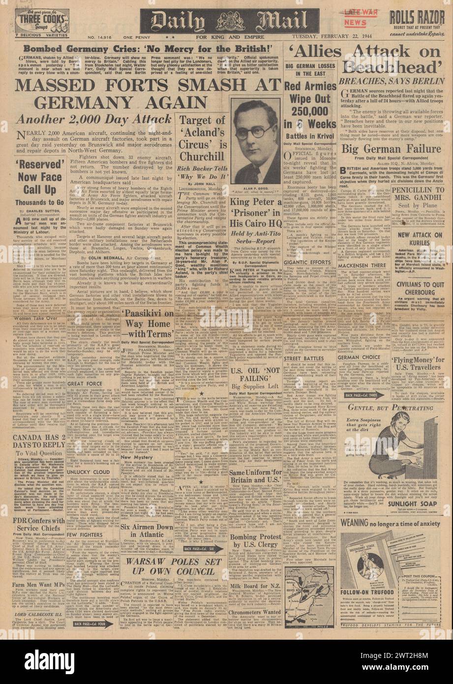 1944 Daily Mail front page reporting US Air Force bomb Germany and ...