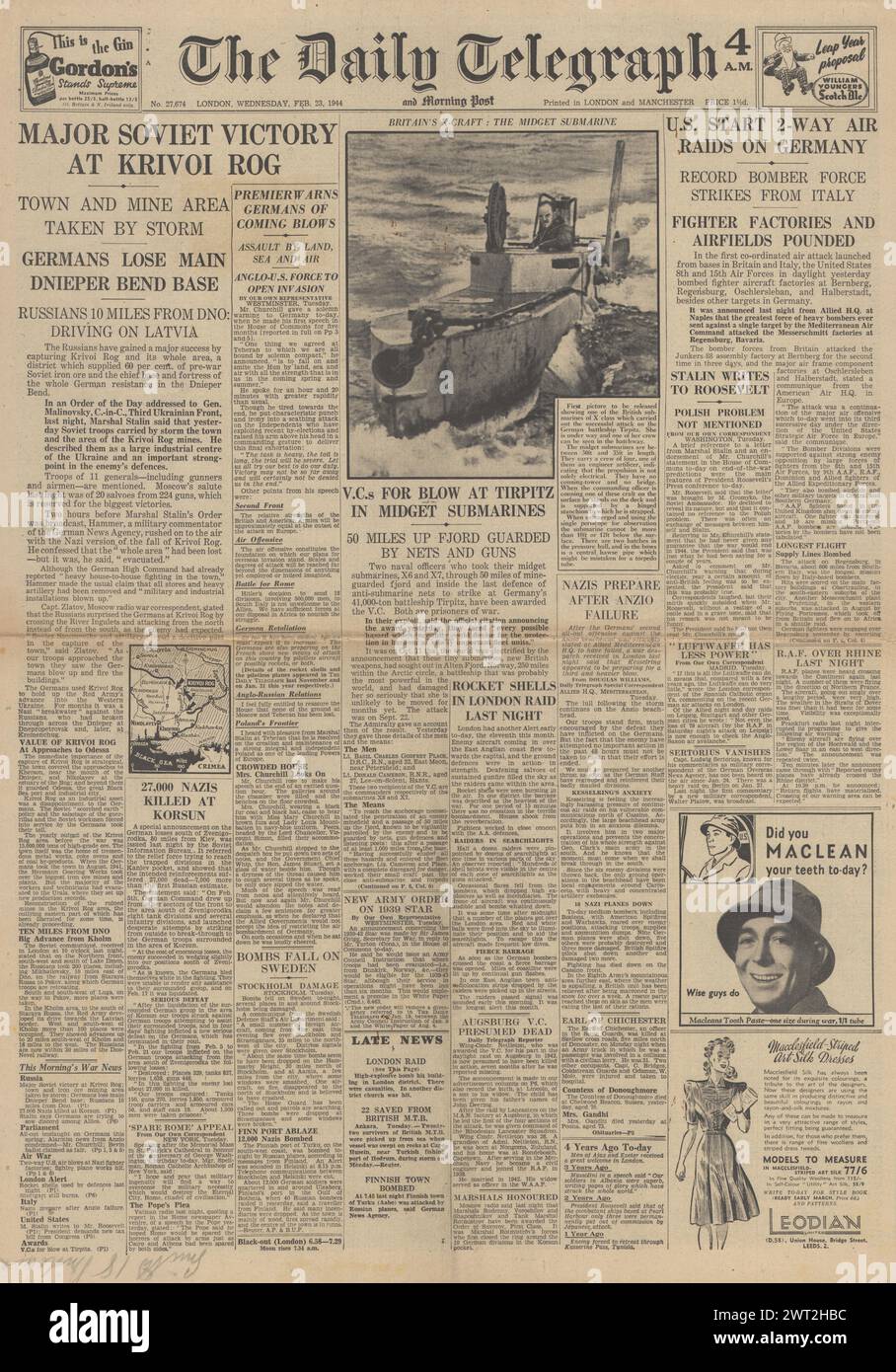 1944 The Daily Telegraph front page reporting Allies bomb Germany ...