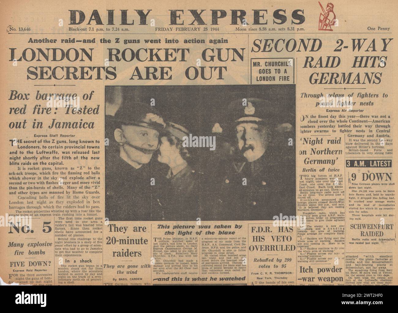 1944 Daily Express front page reporting London air raid and anti ...