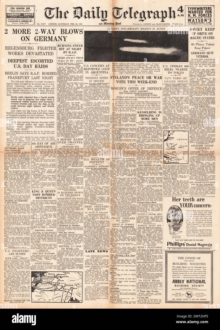 1944 The Daily Telegraph front page reporting US Air Force bombs ...