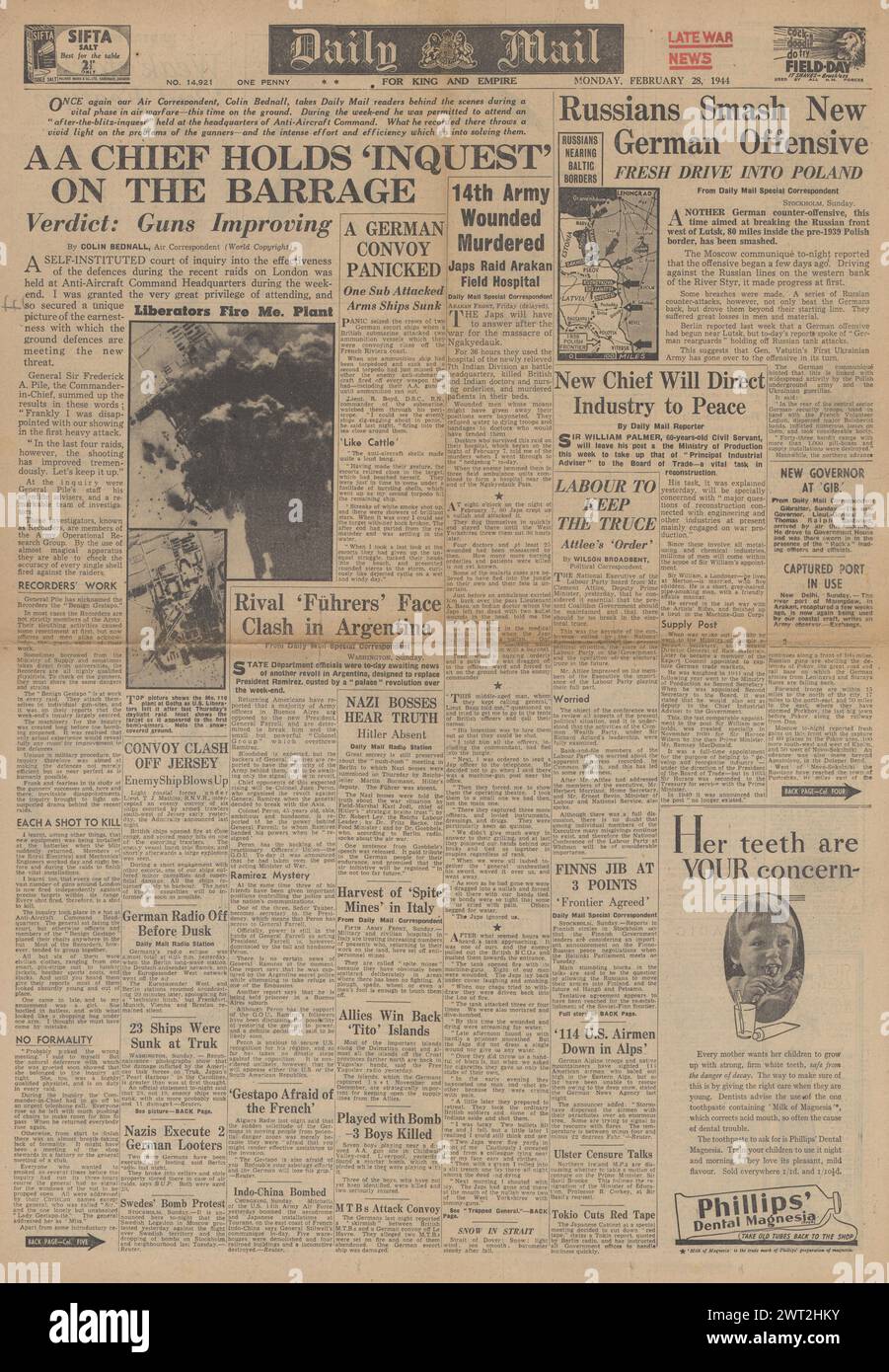 1944 Daily Mail front page reporting Red Army advance on Poland, London ...