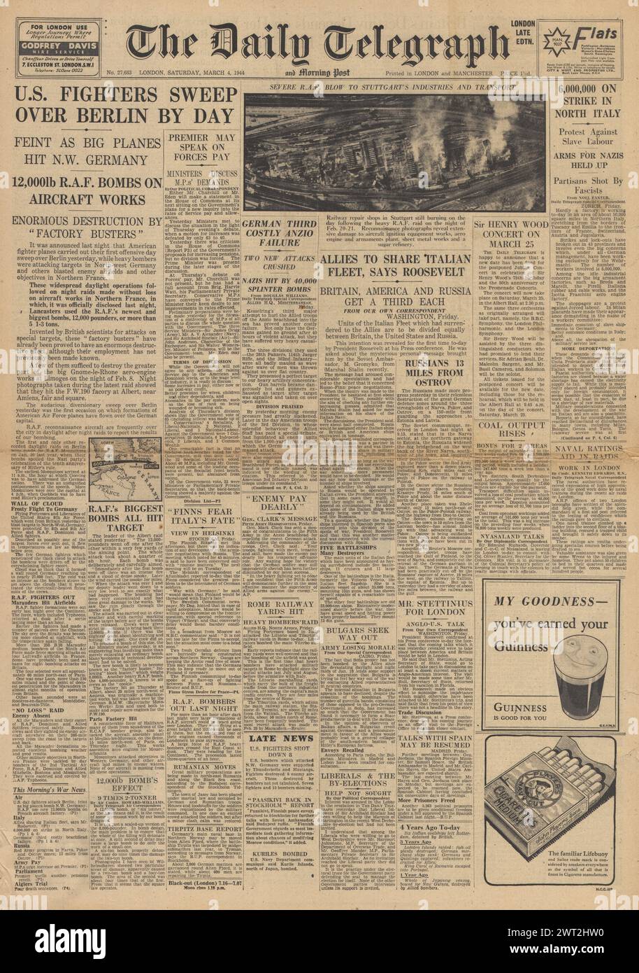 1944 Daily Telegraph front page reporting US Air Force bomb Berlin, RAF ...