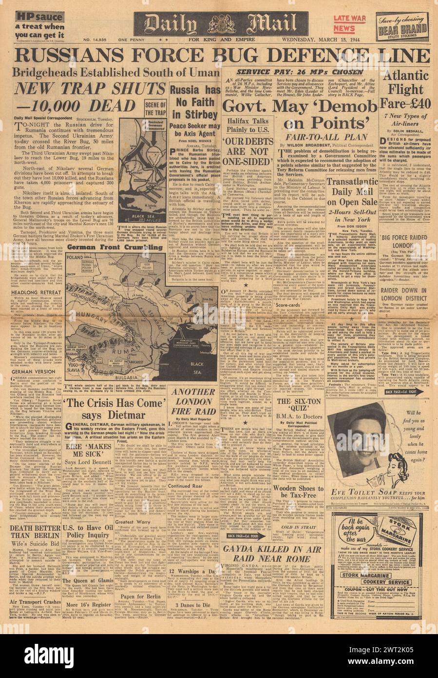 1944 Daily Mail front page reporting Red Army advance along River Bug ...