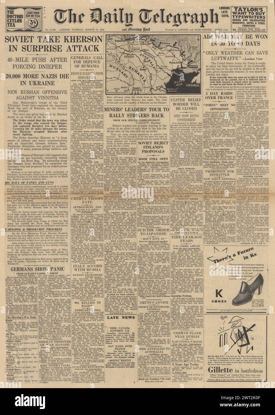 1944 The Daily Telegraph front page reporting Red Army capture Kherson ...