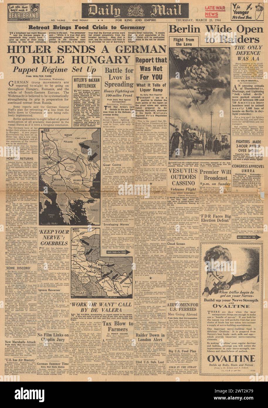 1944 Daily Mail front page reporting Germany takes control of Hungary ...