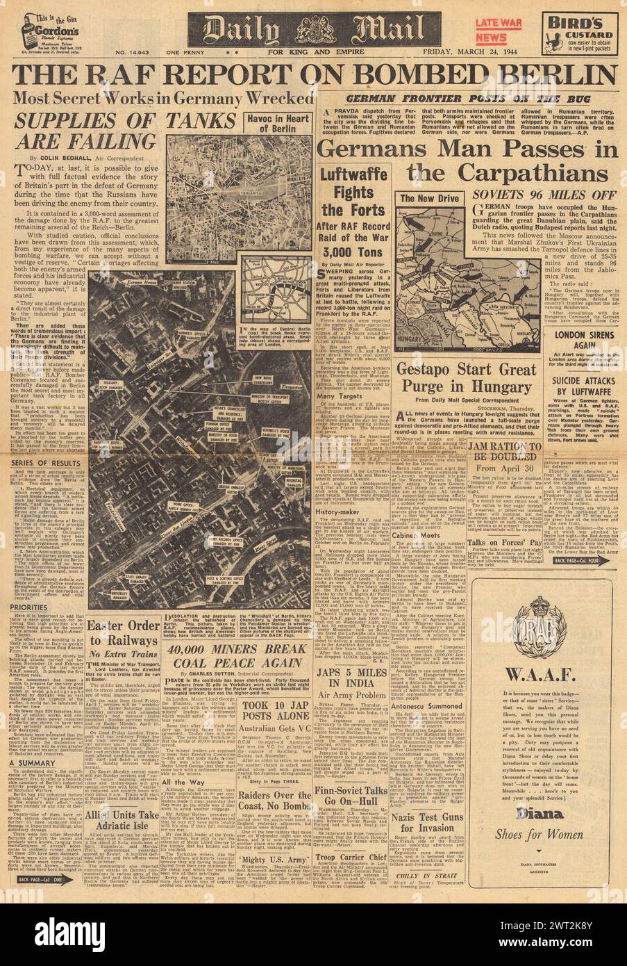 1944 Daily Mail front page reporting RAF bombing of Berlin and German ...
