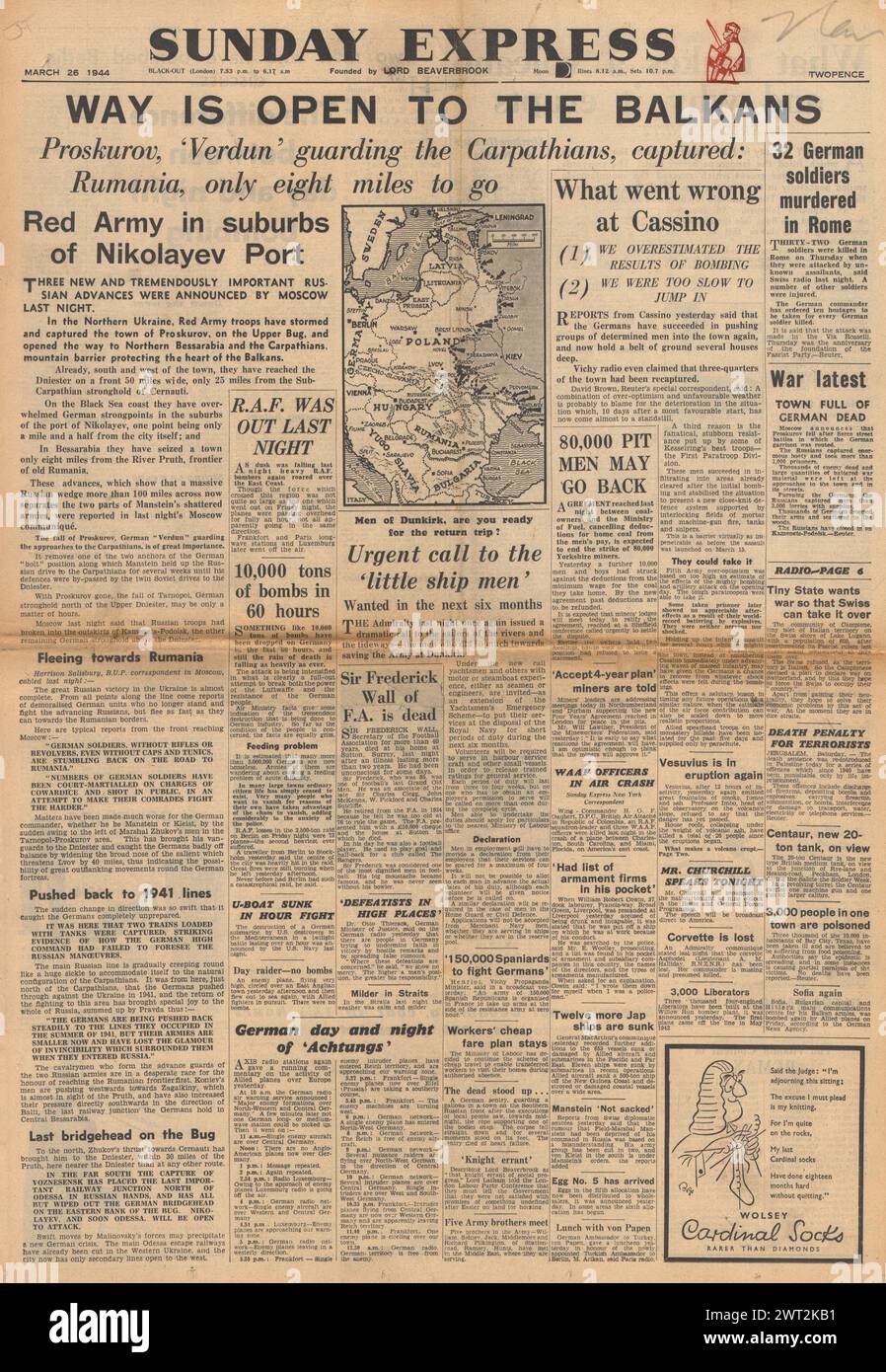 1944 Sunday Express front page reporting Battle of Monte Cassino, Red ...