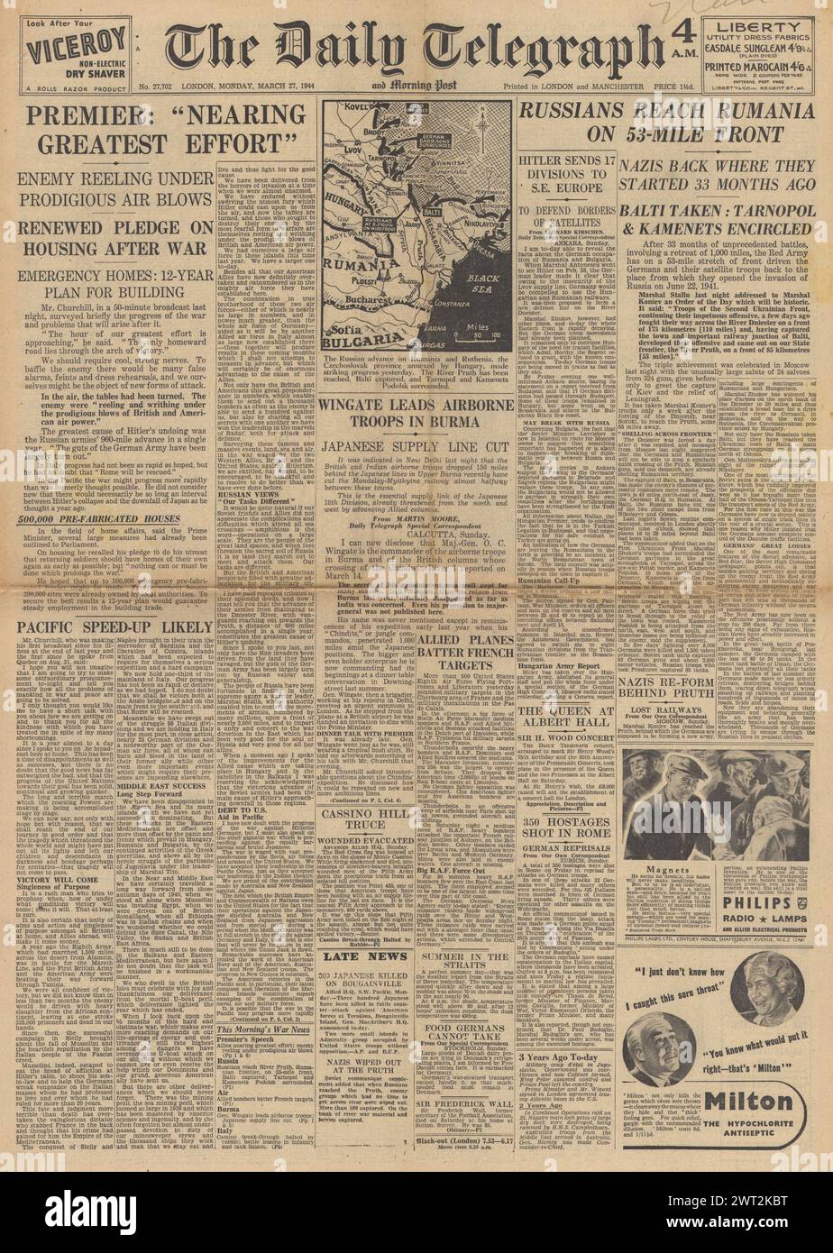 1944 The Daily Telegraph front page reporting Red Army reach Romanian ...