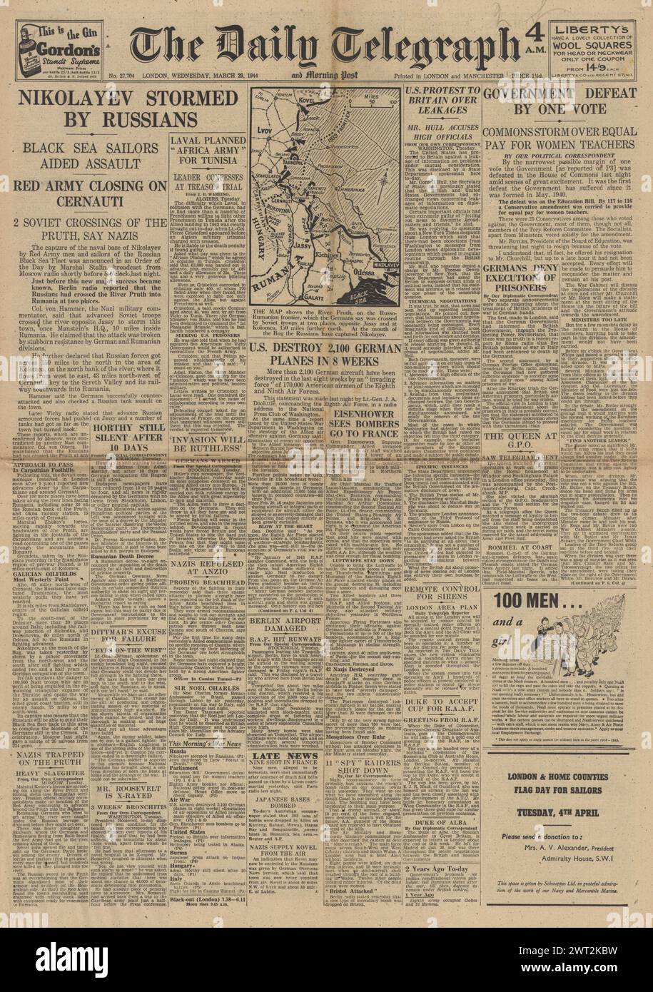 1944 The Daily Telegraph front page reporting Red Army capture Nikolaev ...