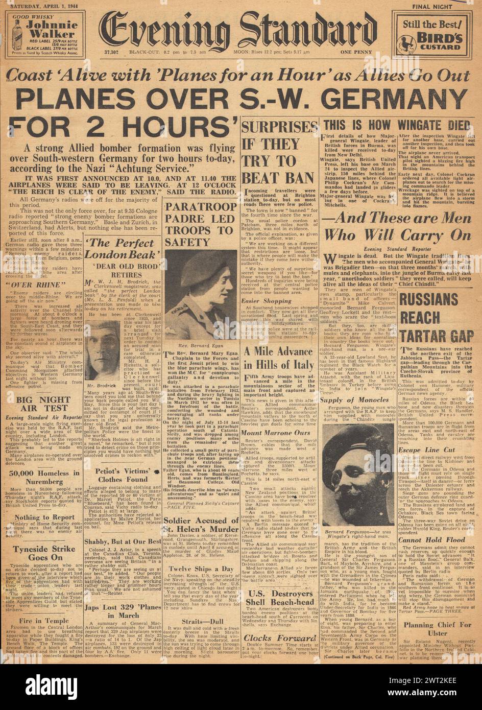 1944 Evening Standard front page reporting Allied bombers over Germany ...