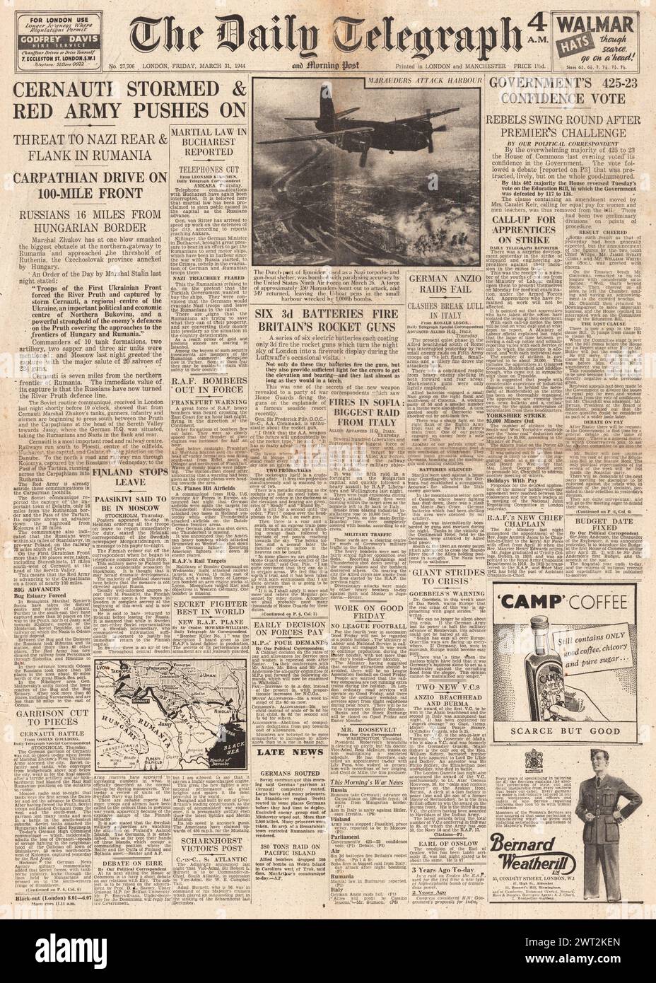 1944 The Daily Telegraph front page reporting Red Army capture Cernauti ...