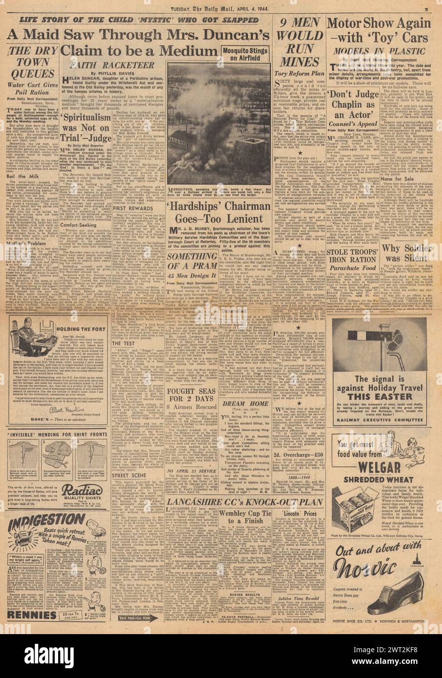 1944 Daily Mail front page reporting Witchcraft trial of Helen Duncan ...