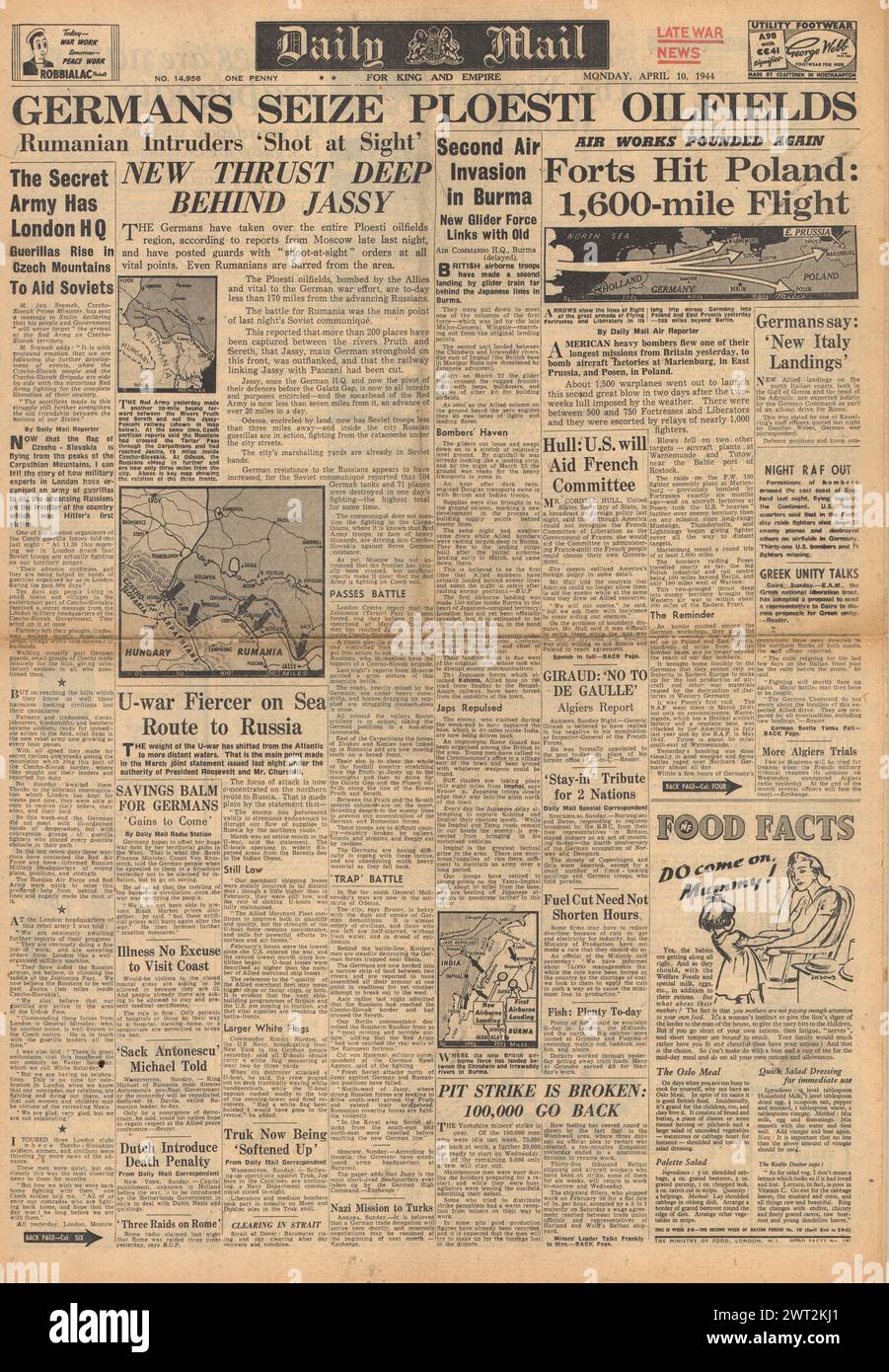 1944 Daily Mail front page reporting US Air Force bomb Poland, German ...