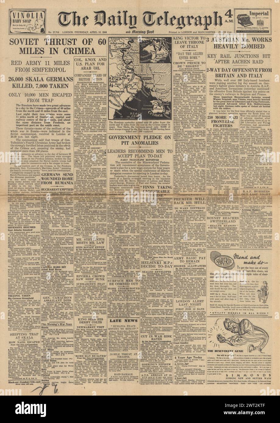 1944 The Daily Telegraph front page reporting Red Army advance into ...