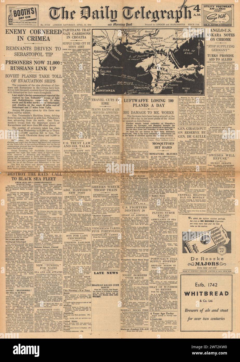 1944 The Daily Telegraph front page reporting Battle for Crimea and ...