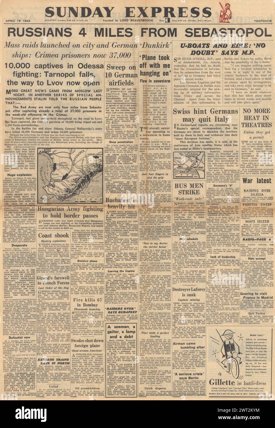 1944 The Sunday Express front page reporting Red Army capture Tarnopol ...