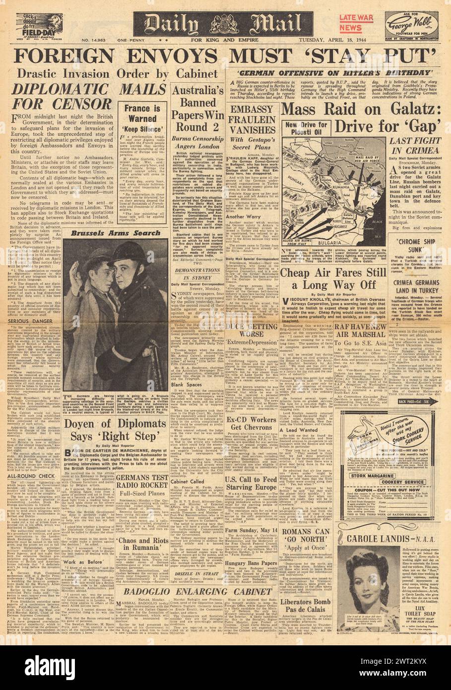 1944 Daily Mail front page reporting Red Army drive on Galatz and ...