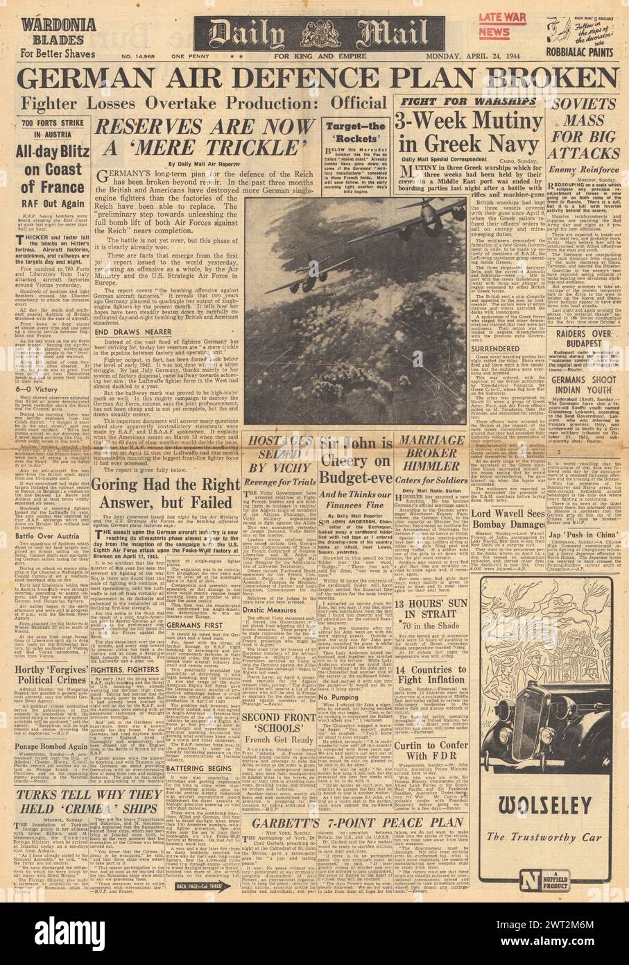 1944 Daily Mail front page reporting German air defences broken, Greek ...