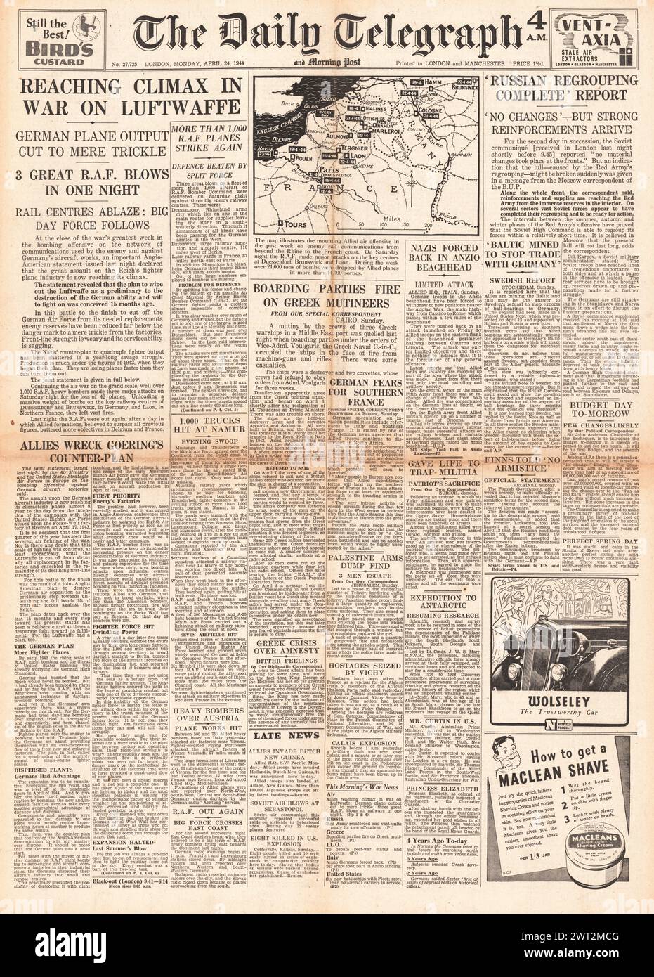 1944 The Daily Telegraph front page reporting German air defences ...