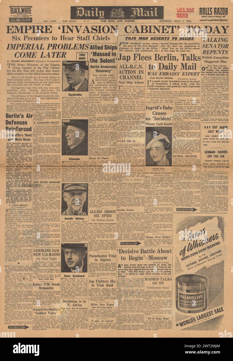 1944 Daily Mail front page reporting Empire leaders discuss invasion ...