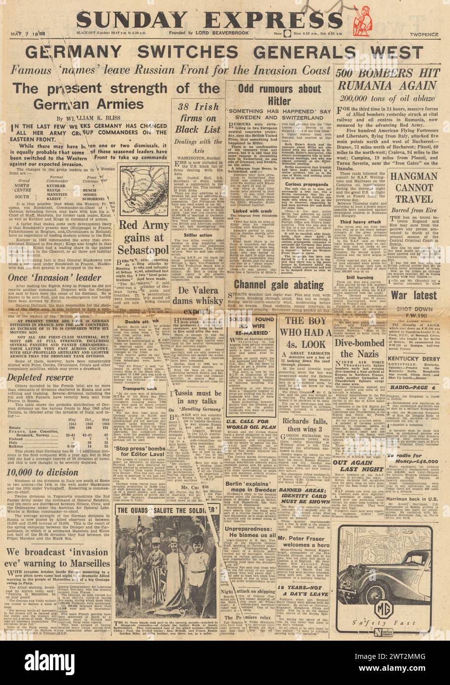 1944 Sunday Express front page reporting US Air Force bombs Romania ...