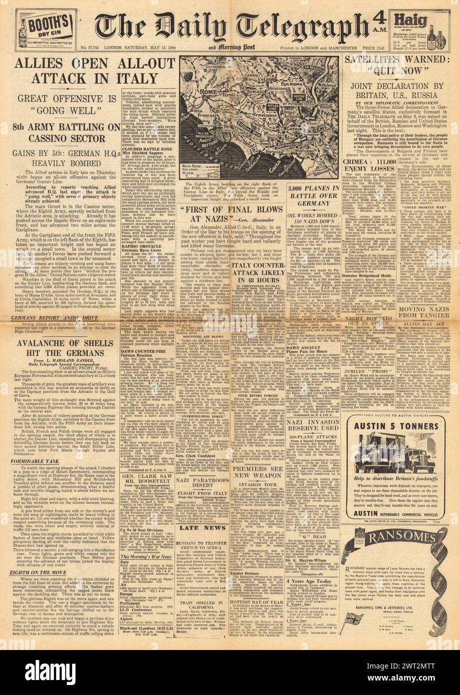 1944 The Daily Telegraph front page reporting Allies advancing in Italy ...