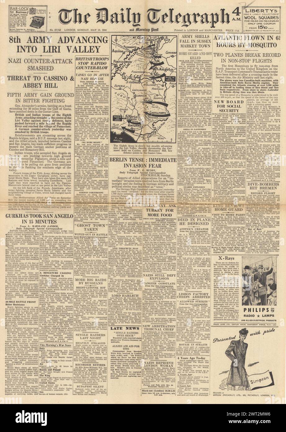 1944 The Daily Telegraph front page reporting Allies advancing in Italy ...