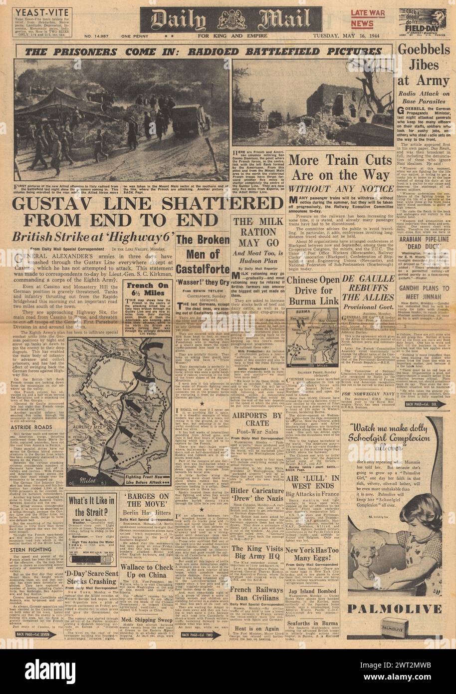 1944 Daily Mail front page reporting Allied armies on the Gustav Line ...