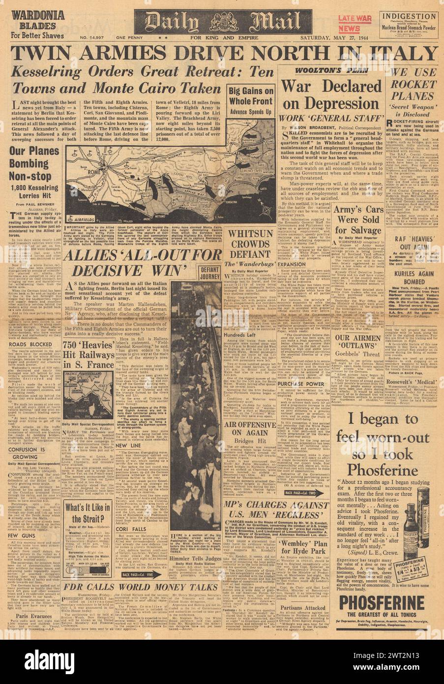1944 Daily Mail front page reporting Allies advance in Italy and ...