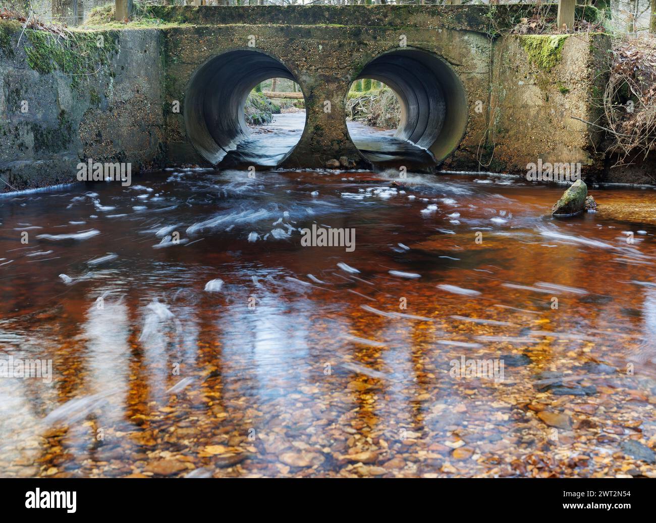 An unusual bridge with two parallel tubes over a small river in the New ...