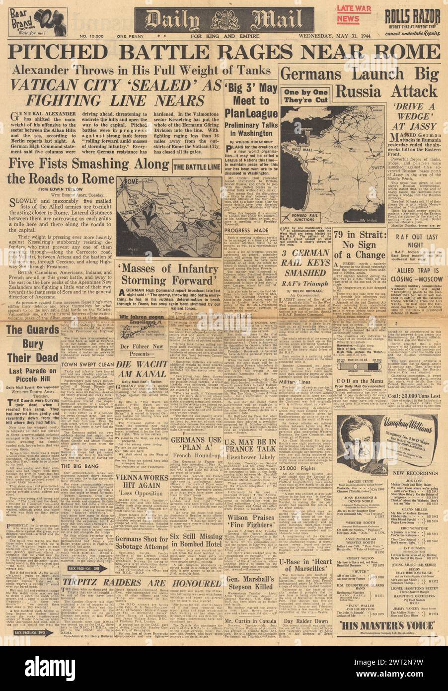 1944 Daily Mail front page reporting Heavy fighting near Rome, German ...