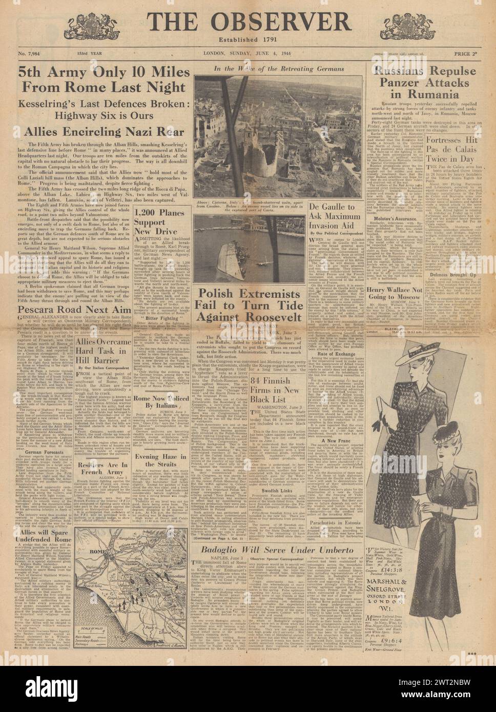 1944 The Observer front page reporting US Army advance on Rome and ...