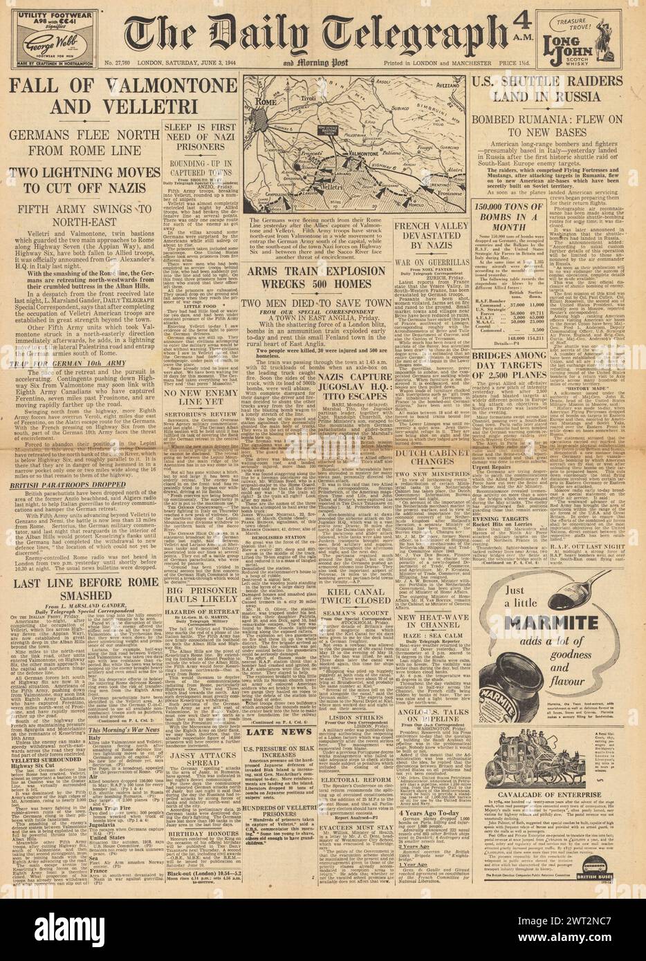 1944 The Daily Telegraph front page reporting Battle for Rome, capture ...