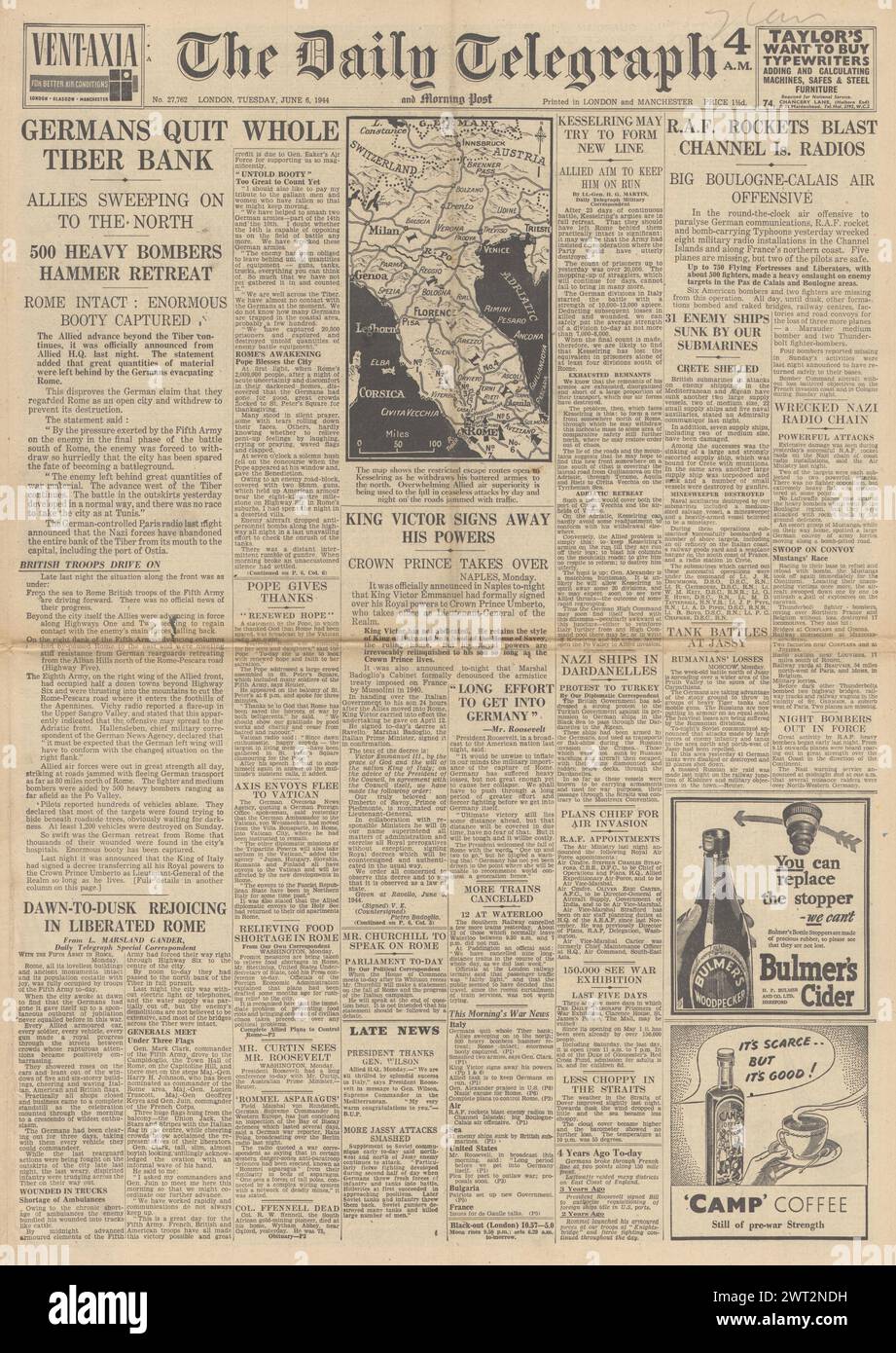 1944 The Daily Telegraph front page reporting German forces retreat ...