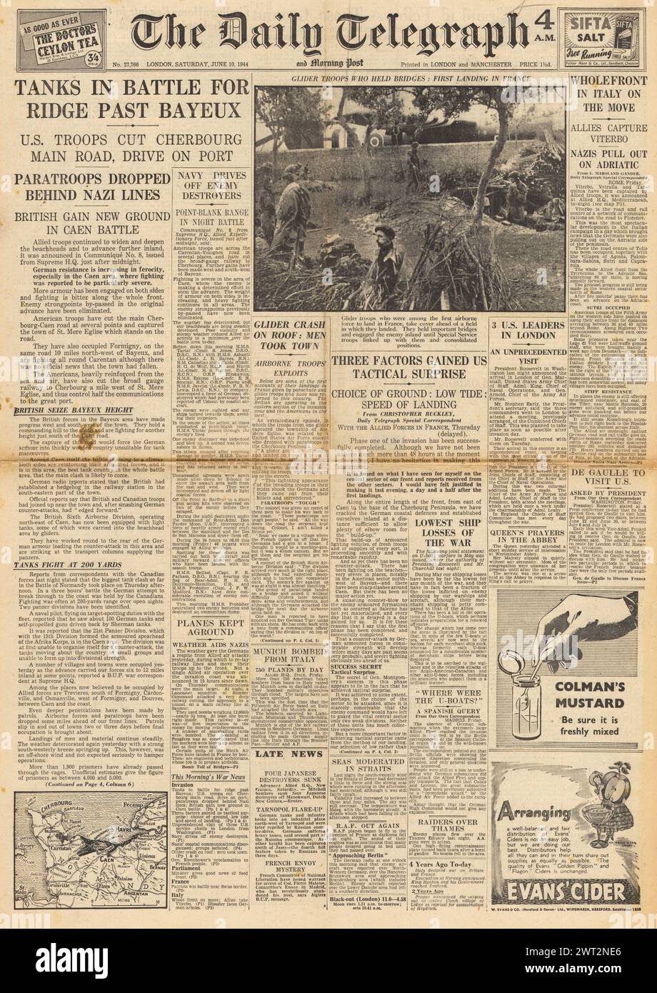 1944 The Daily Telegraph front page reporting Glider troops in Normandy ...