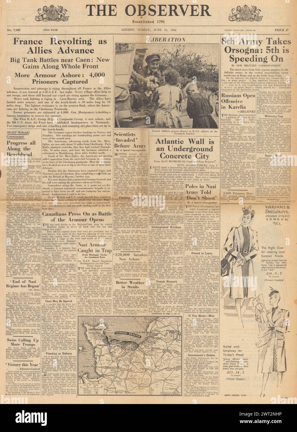 1944 The Observer front page reporting Battle for Normandy and Allies ...