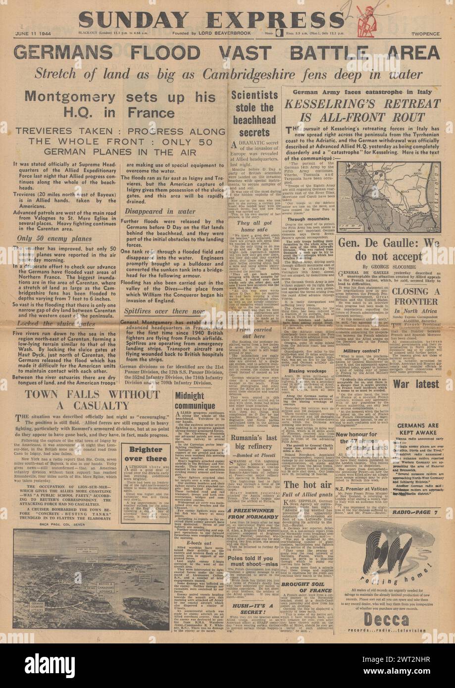 1944 Sunday Express front page reporting Battle of Normandy and German ...