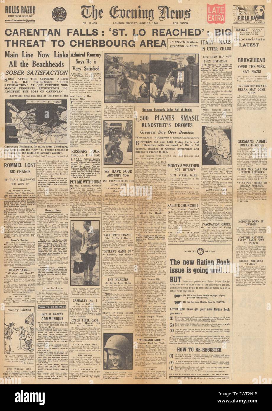 1944 The Evening News front page reporting US Forces capture Carentan ...