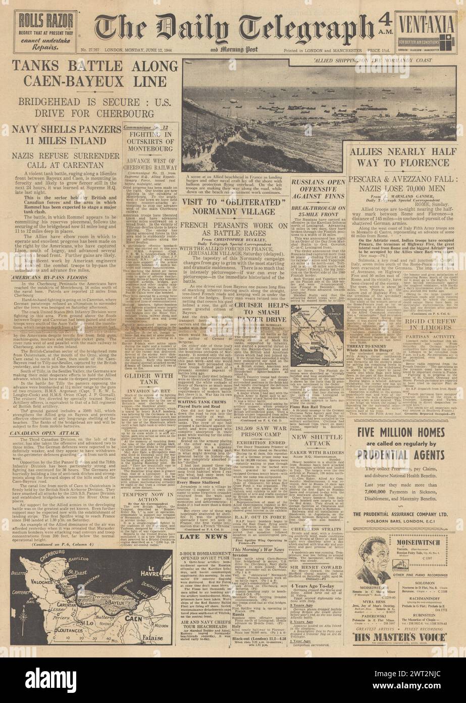 1944 The Daily Telegraph front page reporting Tank battle in Normandy ...