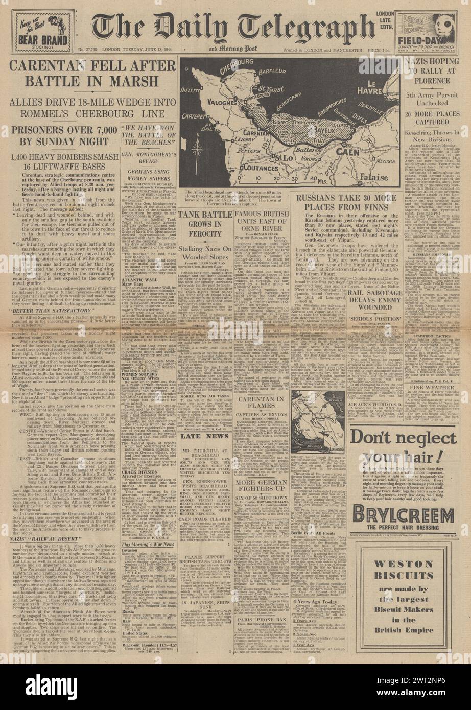 1944 The Daily Telegraph front page reporting Allies drive on Cherbourg ...