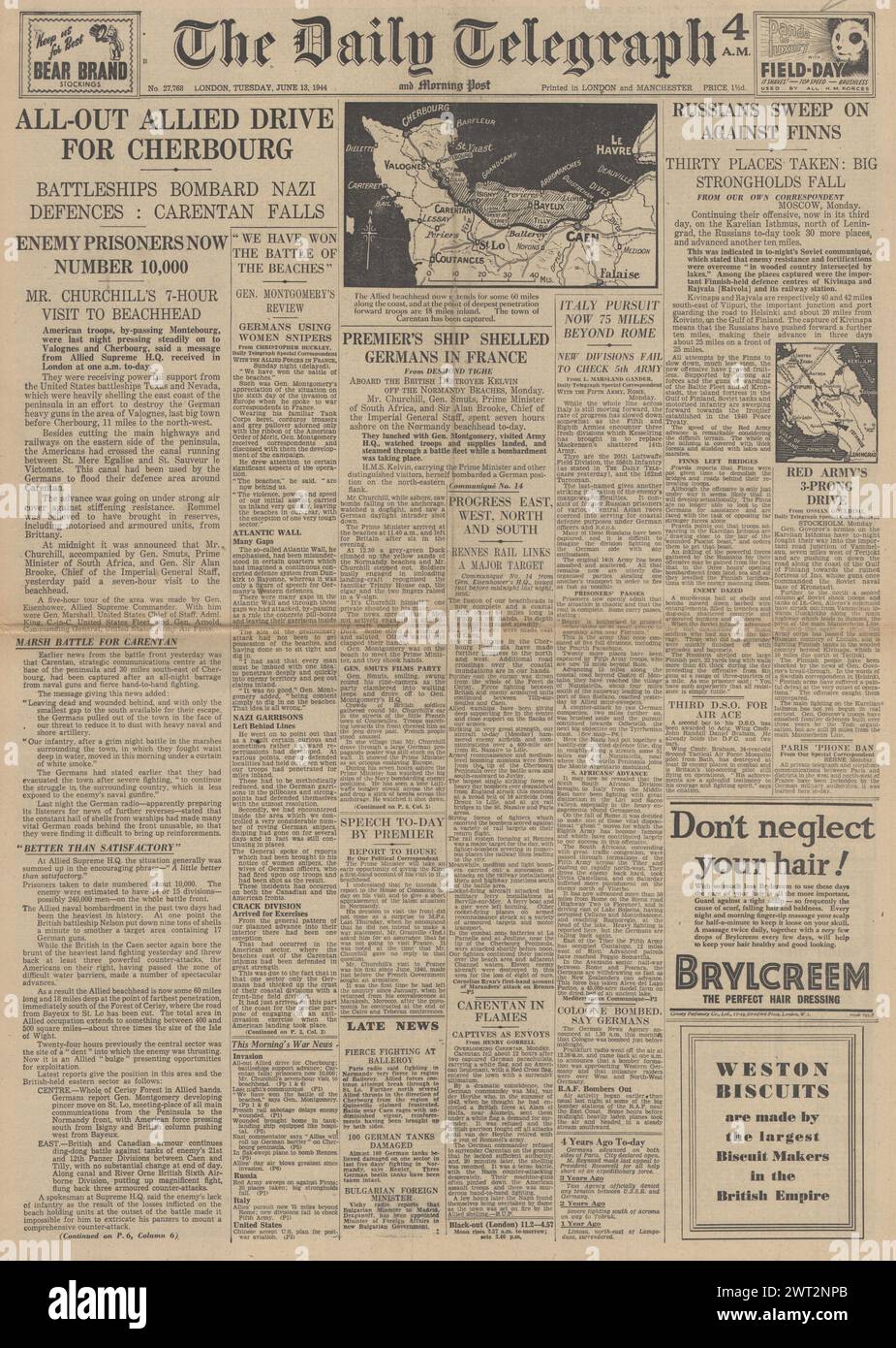 1944 The Daily Telegraph front page reporting Allies drive on Cherbourg ...