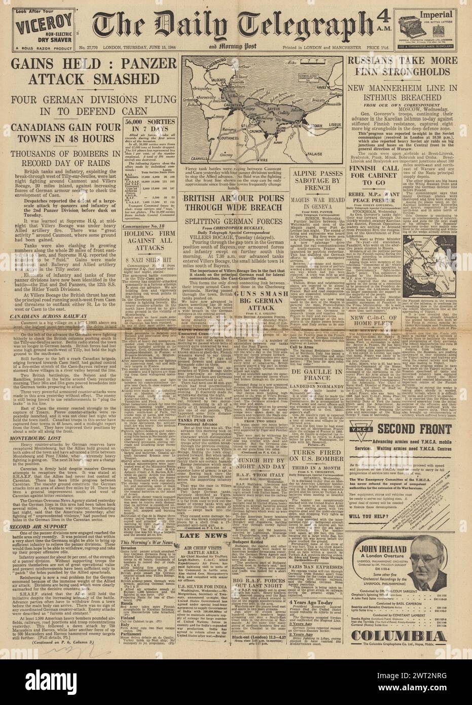 1944 The Daily Telegraph front page reporting Tank battles of Normandy ...