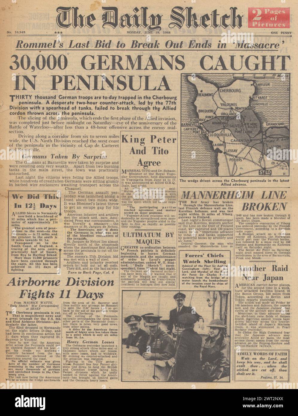 1944 The Daily Sketch front page reporting Battle of Cherbourg and Red ...