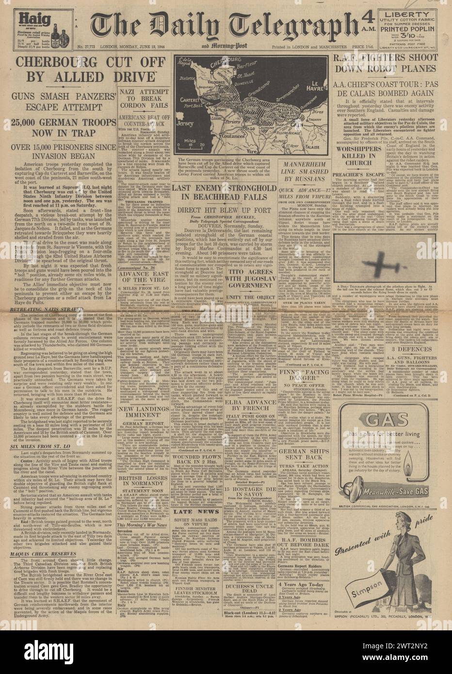 1944 The Daily Telegraph front page reporting Battle of Cherbourg, V1 ...