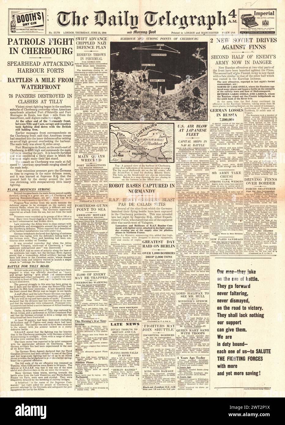 1944 The Daily Telegraph front page reporting Battle for Cherbourg ...